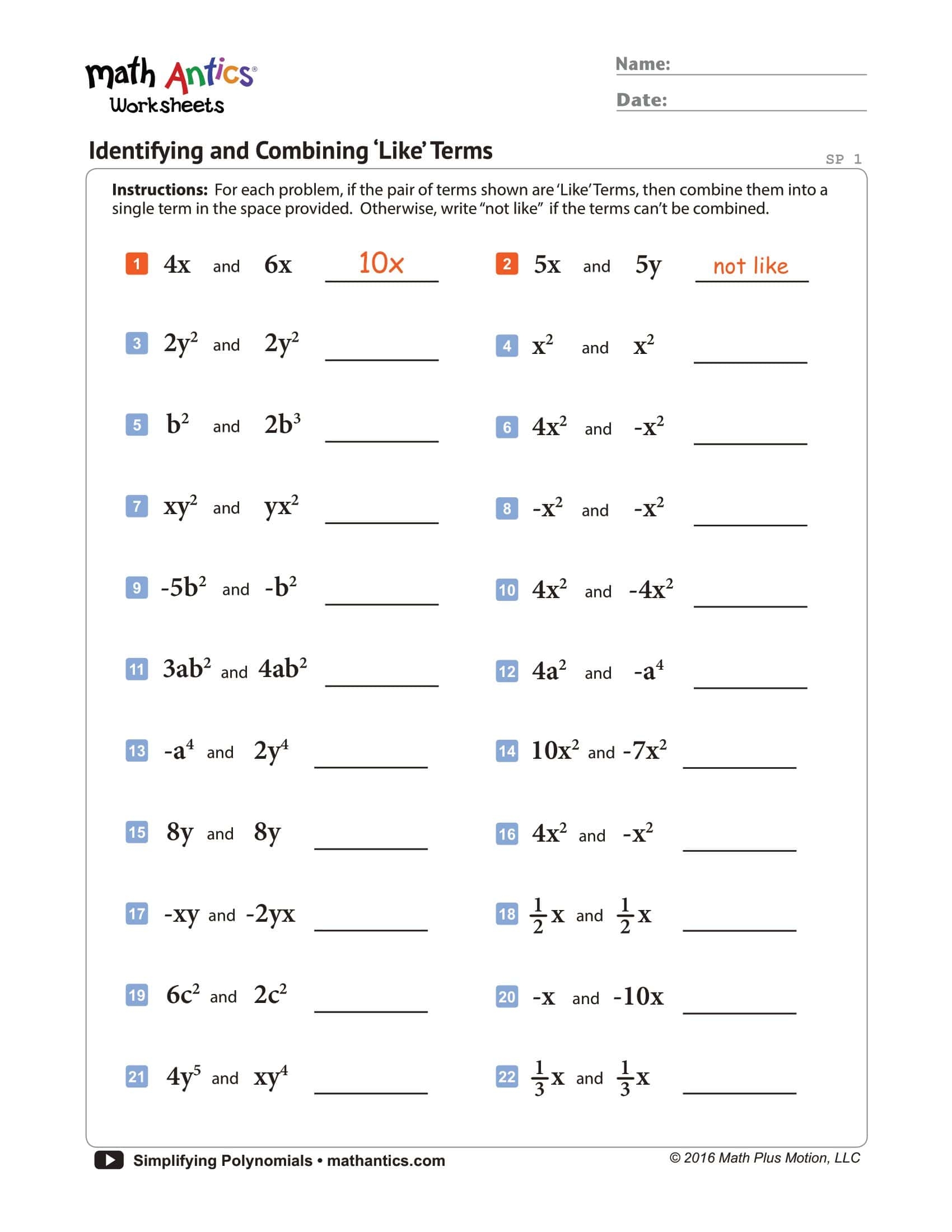 Combining Like Terms Printable Worksheets - Download & Print Free Educational Worksheets