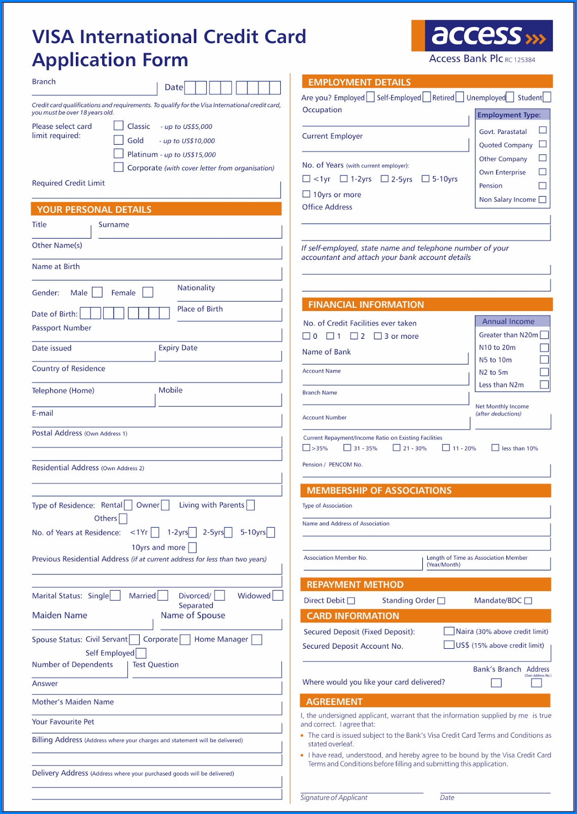 Printable Credit Card Application Form - Download & Print Free ...