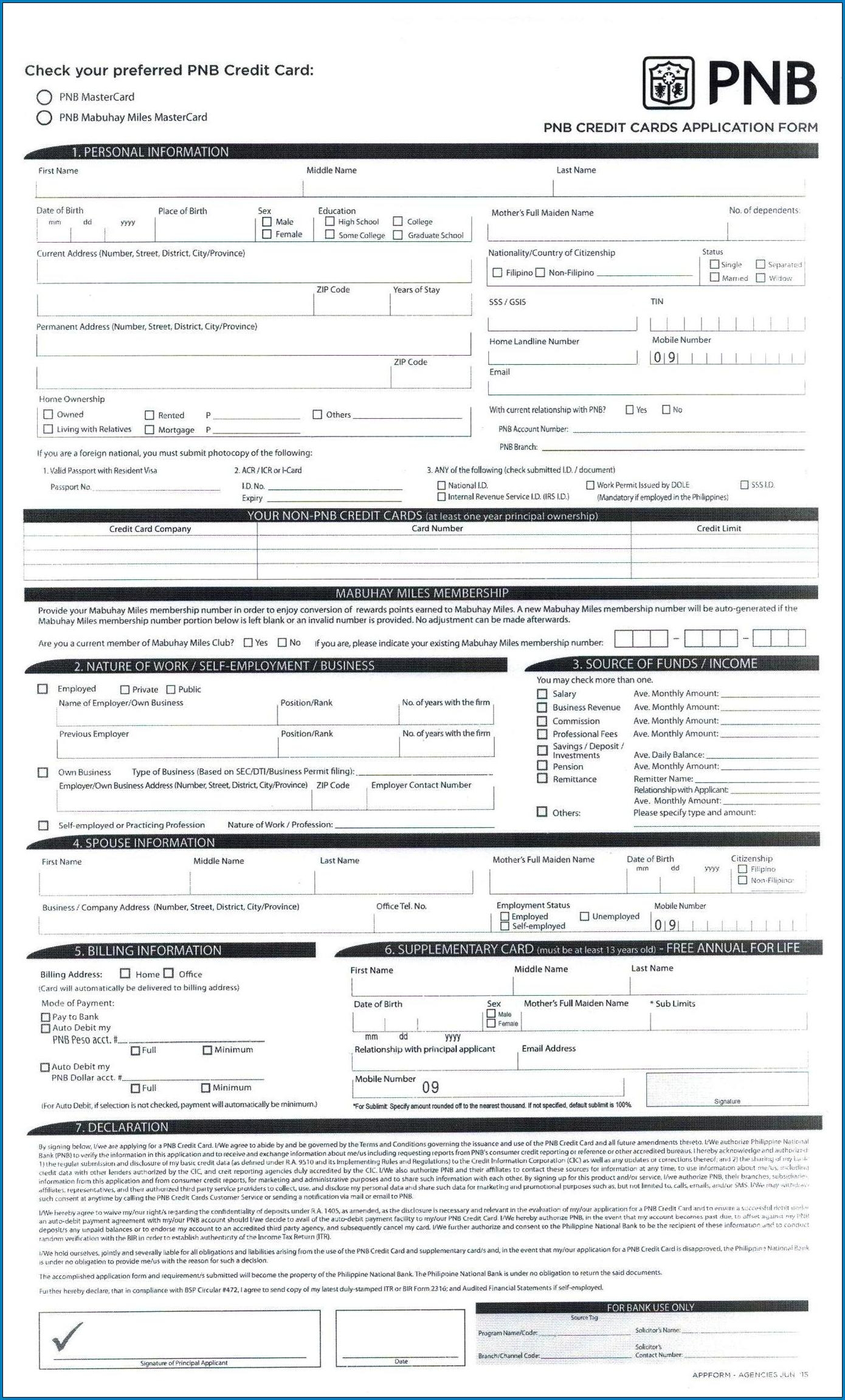 Printable Credit Card Application Form - Download & Print Free ...